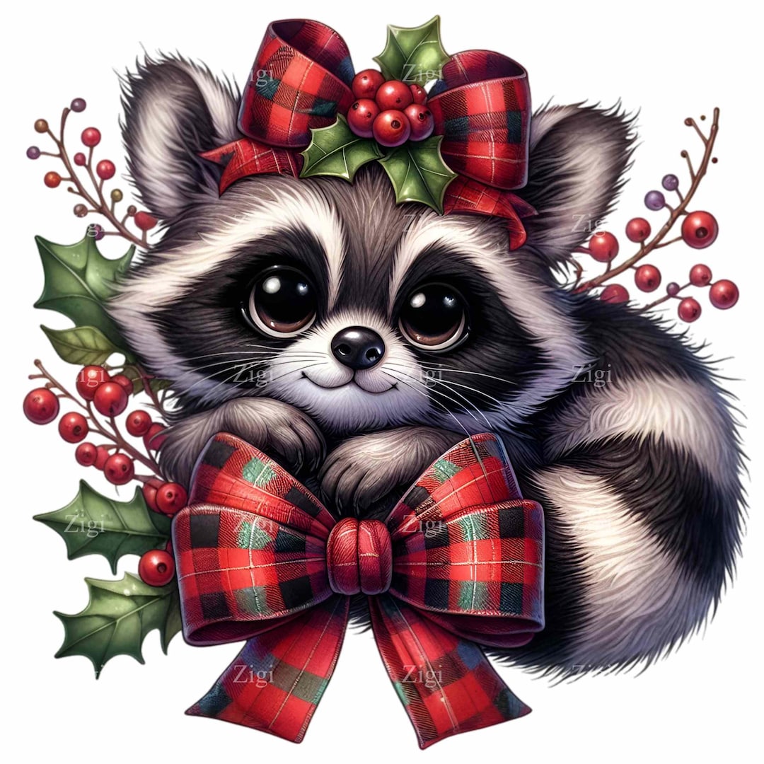 Cute Christmas Raccoon Clipart With Plaid Bow, 10 Adorable Festive ...