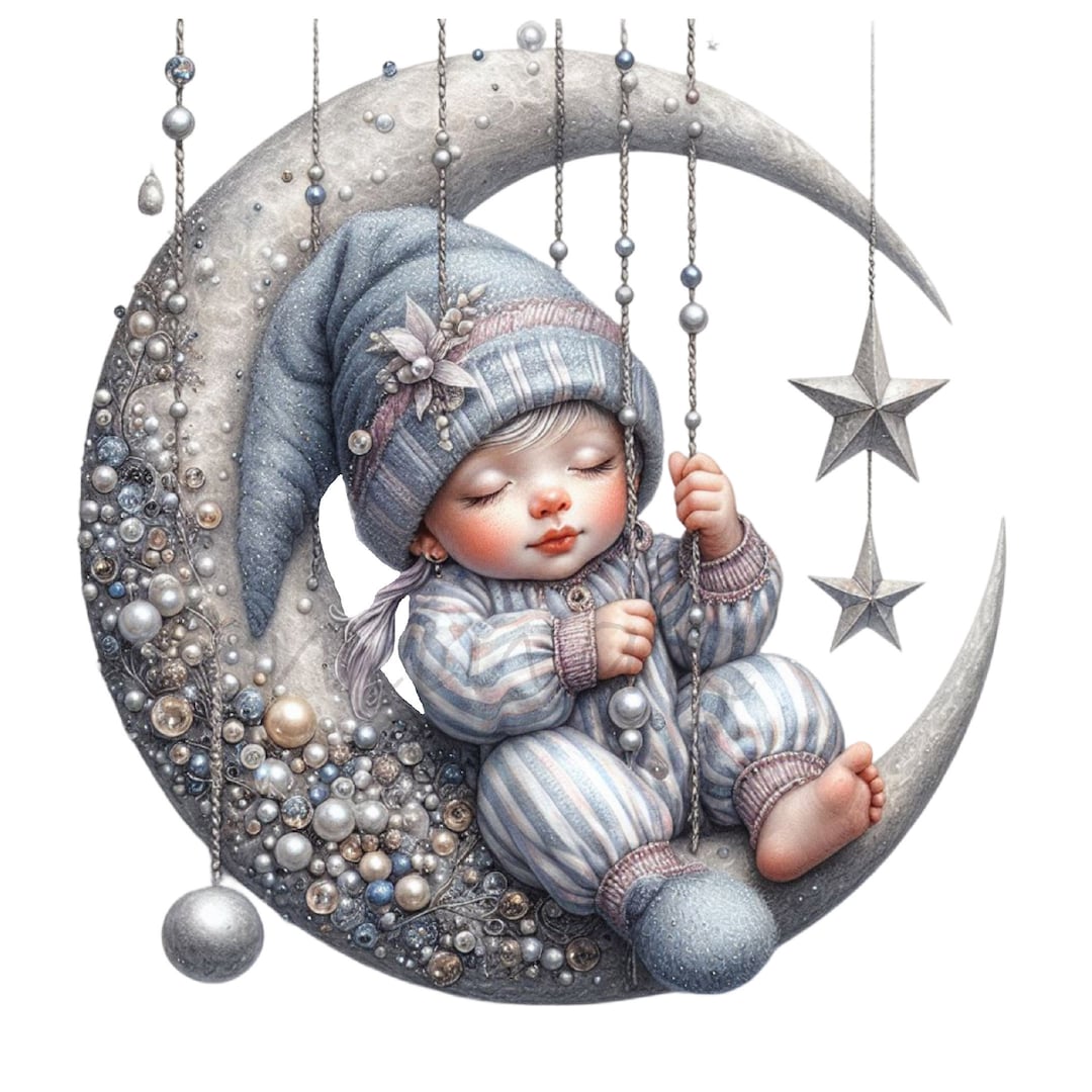 Baby on Moon Swing PNG Clipart, 14 Dreamy Baby With Stars, Celestial ...