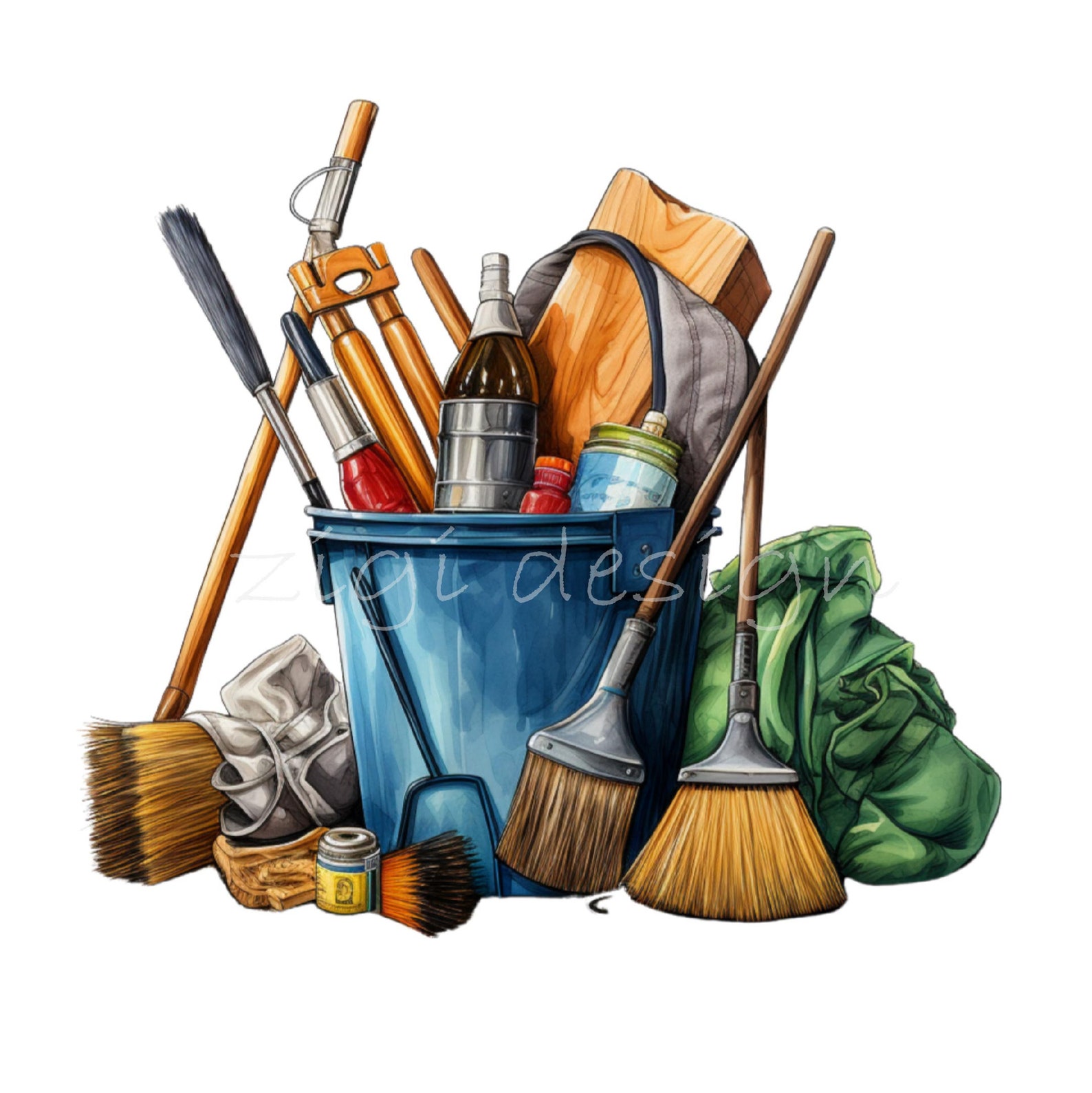 24 Rustic Cleaning Tools PNG Clipart, Vintage Brooms and Bucket ...