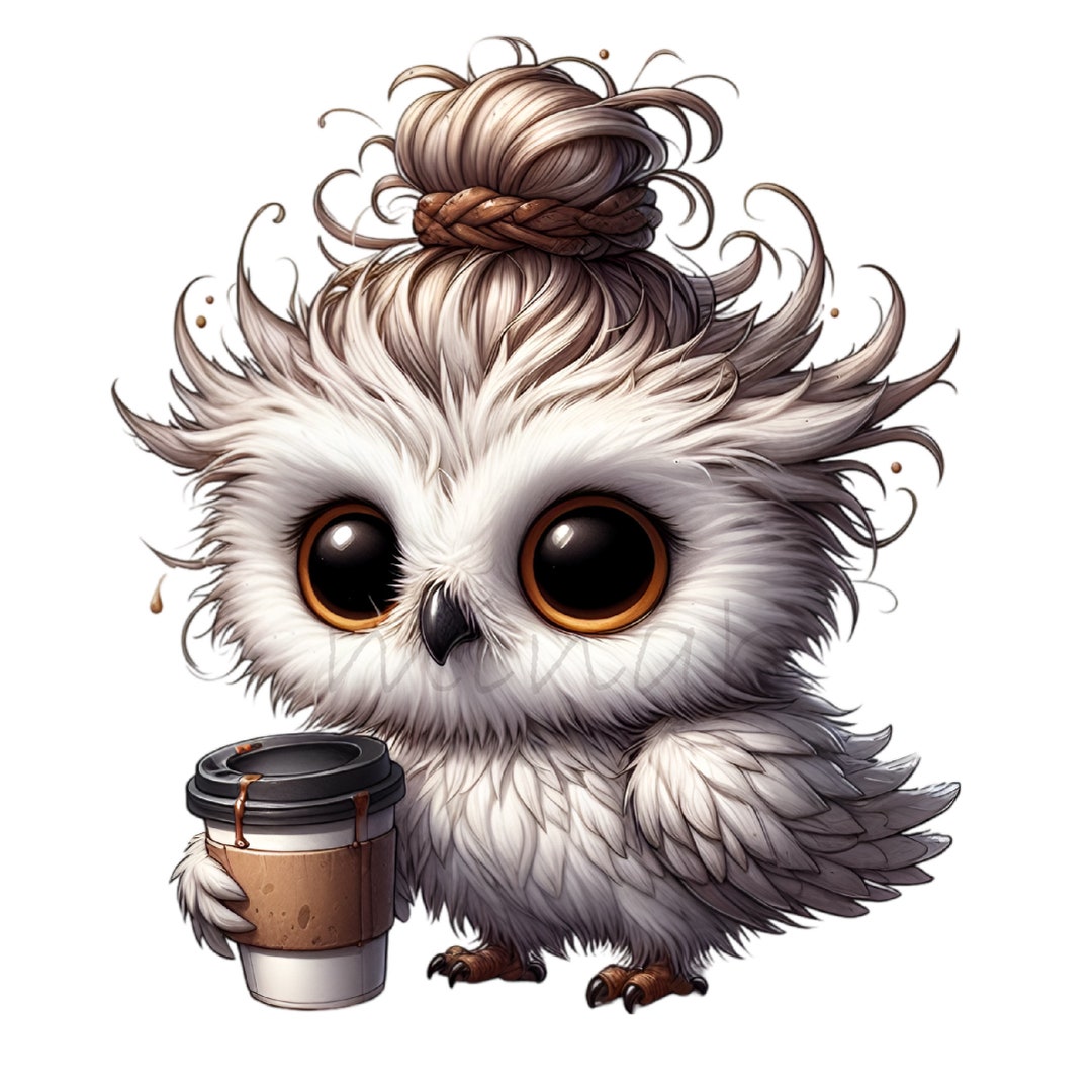 10 PNG Messy Bun Owl With Coffee, Bird Clipart, Tired Morning ...