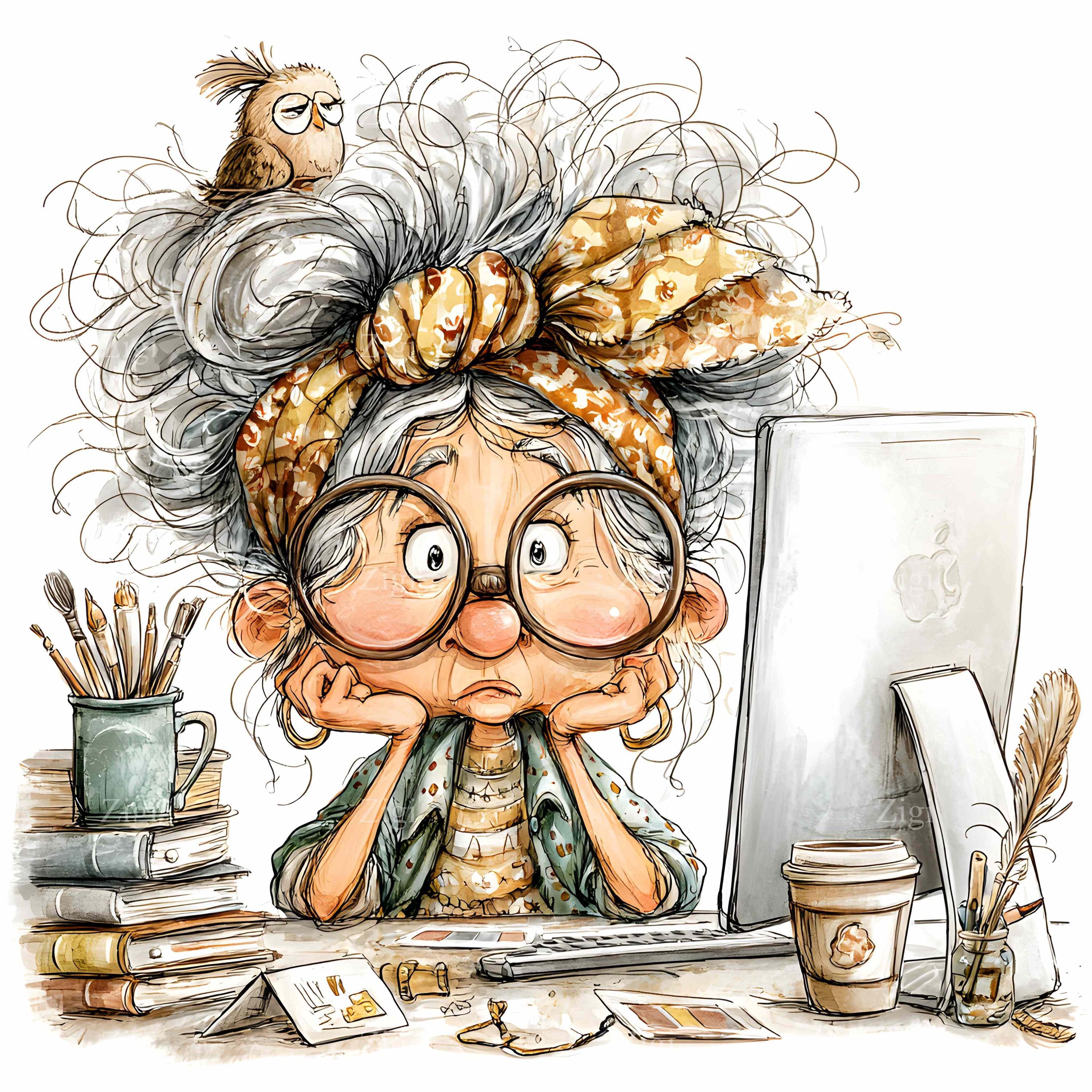 21 JPEG Funny Grandma – Computer Desk JPG Clipart – Whimsical Office ...