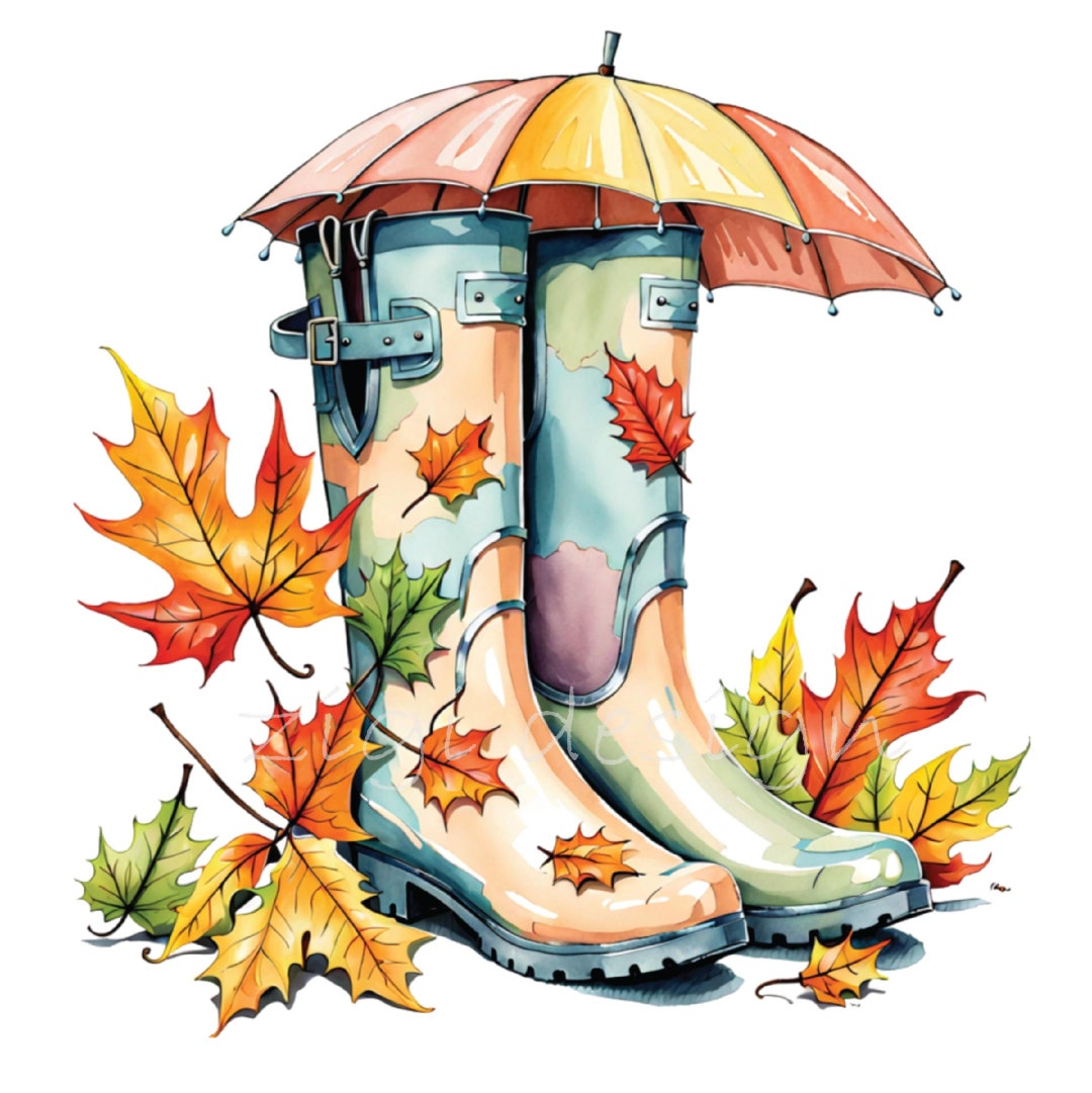 Autumn Rain Boots Clipart, 15 Fall Leaves Umbrella PNG, Watercolor ...