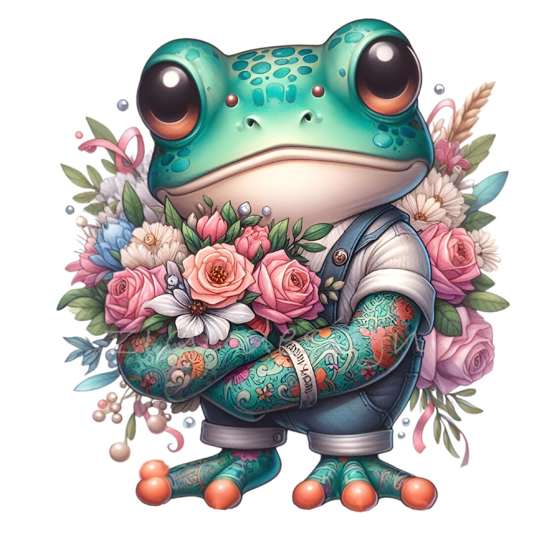 Floral Frog Clipart PNG 15 Cute Frog With Flower Bouquet, Digital ...