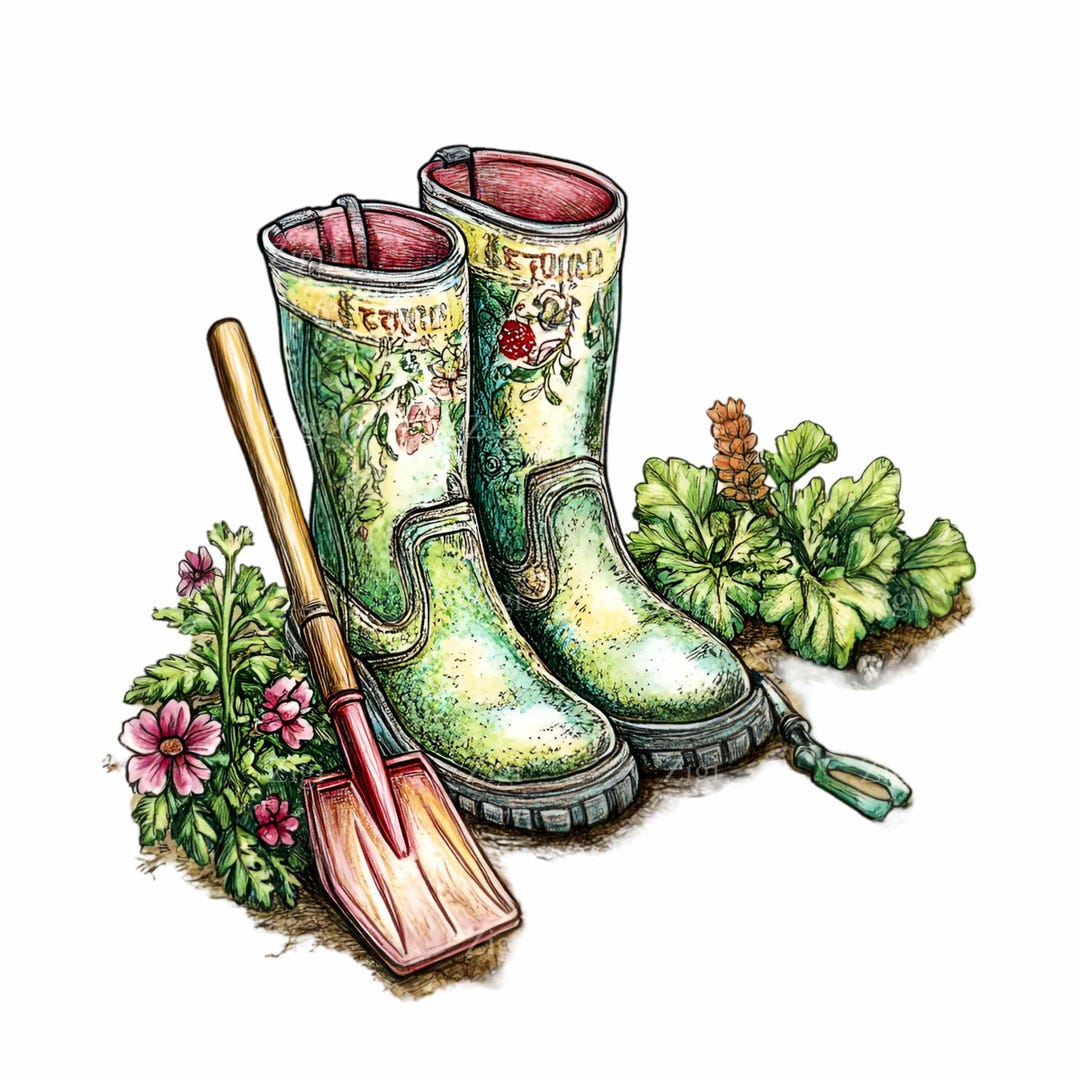 16 PNG Garden Boots Clipart – Vintage Rain Boots Png – Floral Art for ...