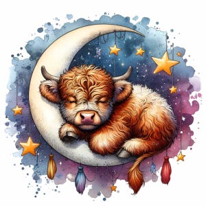 14 PNG Highland Cow Moon Clipart, Sleeping Baby Heifer, Celestial ...