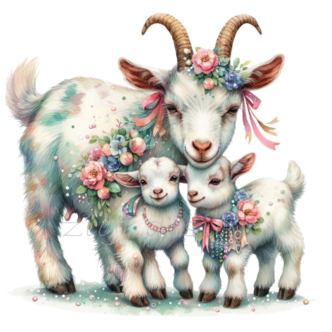 10 Floral Goat Family PNG Clipart – Mother Goat With Two Baby Goats ...