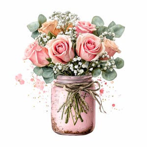16 PNG Pink Rose Mason Jar Clipart, Watercolor Floral Bouquet, Flower ...