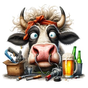 Comics Cow Mechanic Drinking Beer 15 PNG Father Gift Funny Cartoon ...