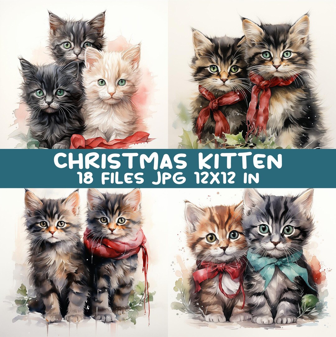Watercolor Christmas Cats Digital Papers, 18 JPG Winter Kitten Scene ...