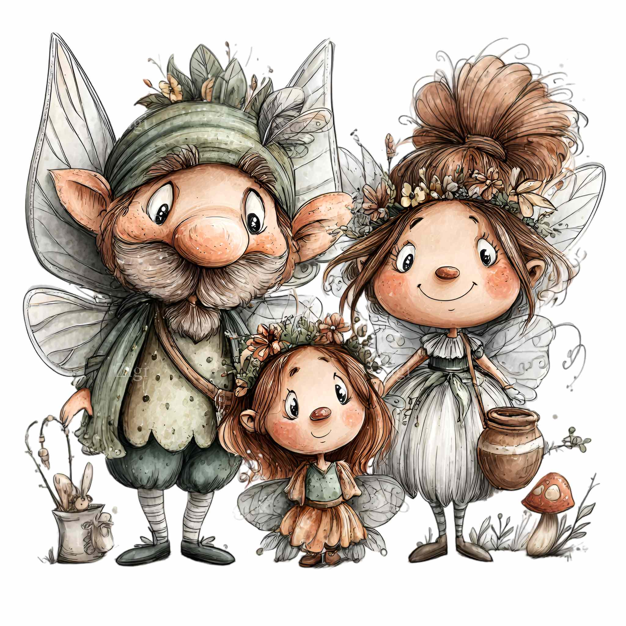 15 PNG Garden Fairy Family Clipart, Rustic Forest Trio Vintage Fantasy ...