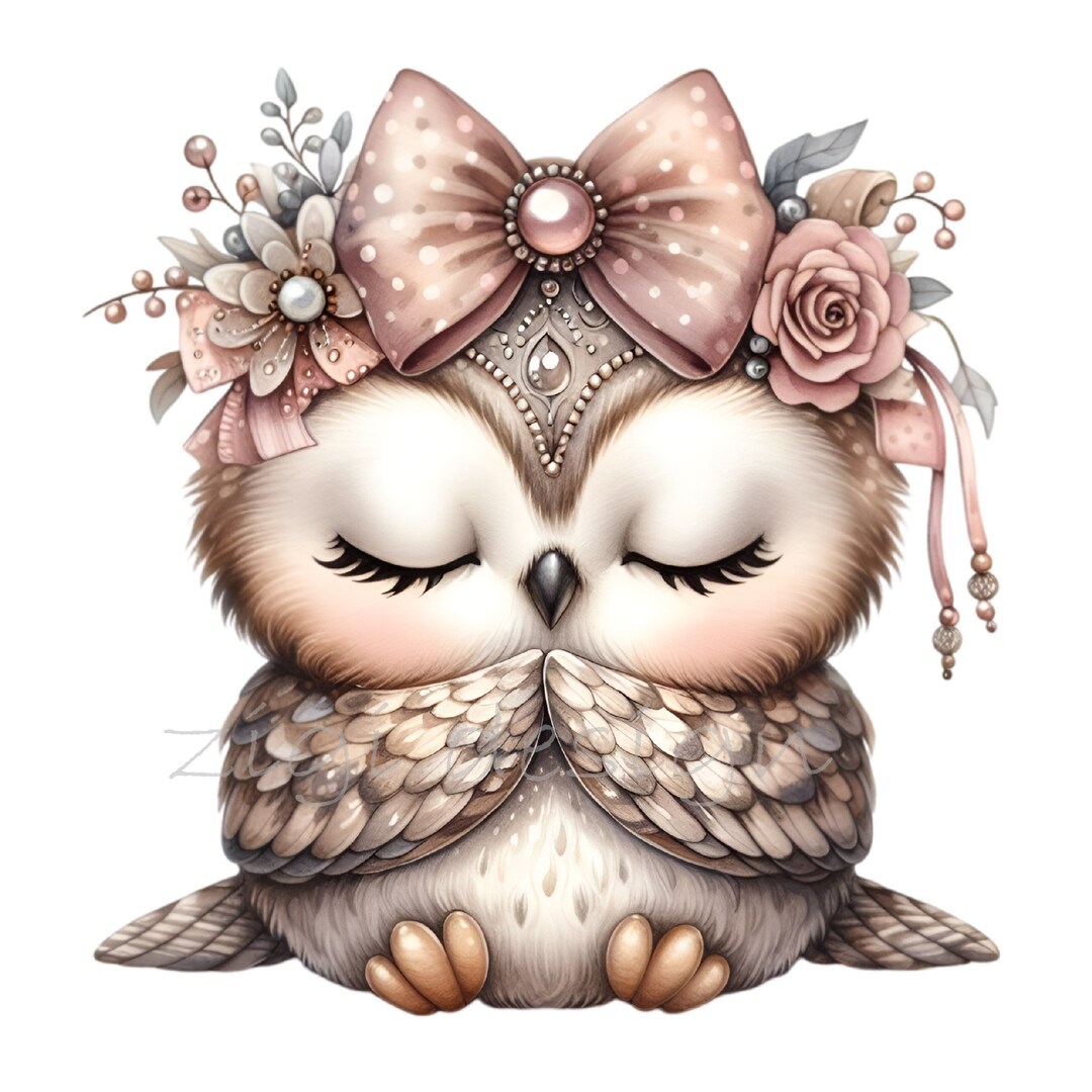 Cute Owl Clipart, 12 Pastel Floral Owl With Bow PNG, Whimsical Nursery ...