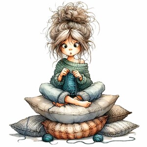 Knitting Girl Clipart With Yarn - 12 Watercolor Illustration of Girl ...