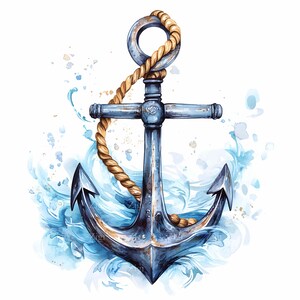 44 JPEG Watercolor Nautical Anchor Clipart - Ocean Splash Rope Anchor ...