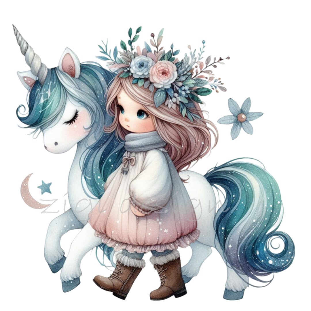Magical Girl and Unicorn Clipart PNG 10 Cute Girl With Floral Crown and ...