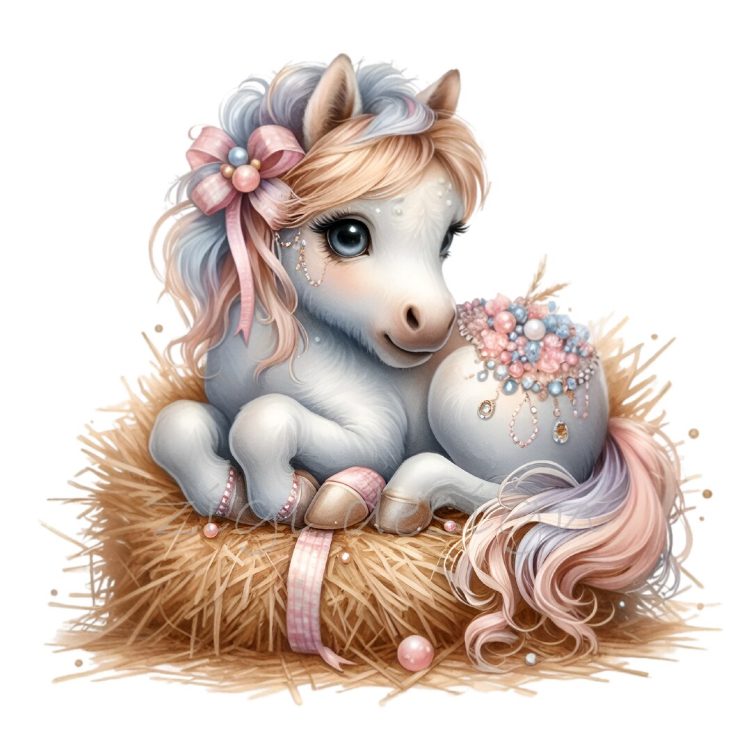 10 Cute Pony Clipart PNG, Pastel Baby Horse With Bow and Pearls ...