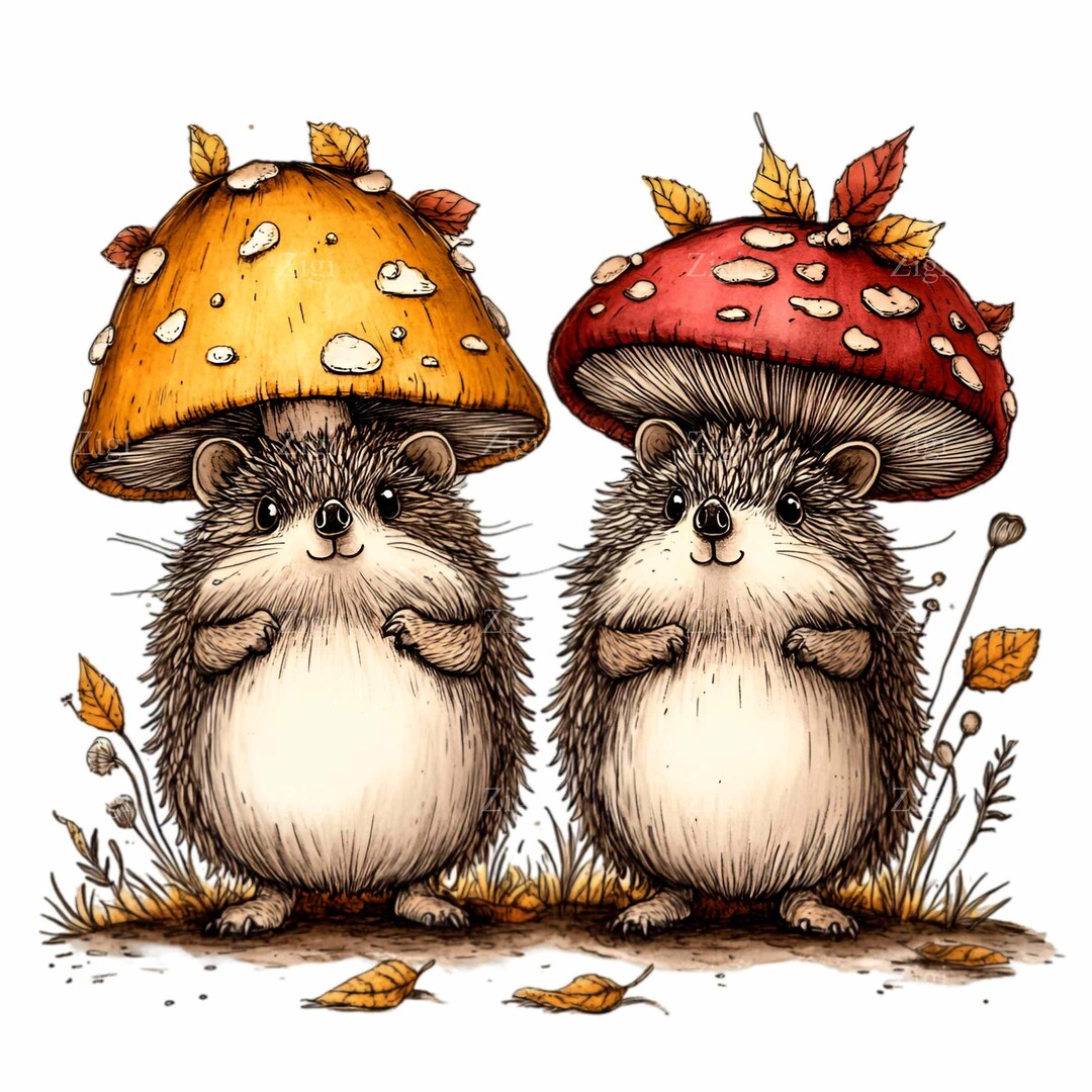 15 Autumn Hedgehog Duo PNG Clipart - Hedgehogs With Red and Yellow ...