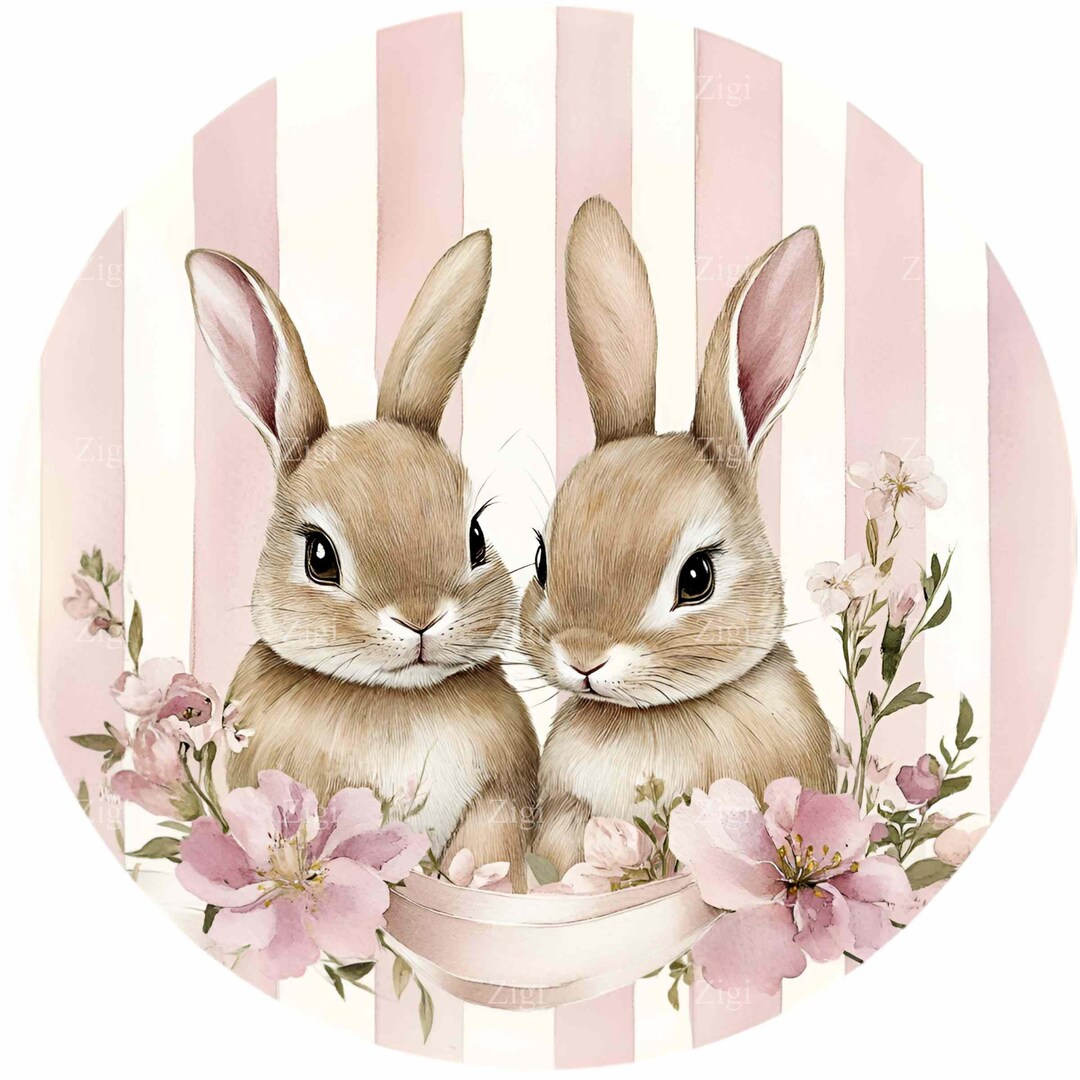 9 Bunny Pair PNG Clipart - Cute Rabbits With Pink Flowers and Striped ...