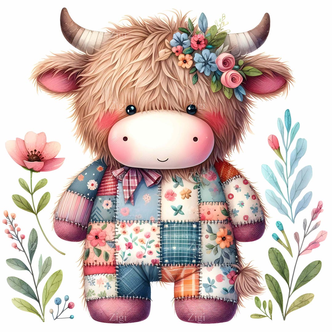 16 JPEG Patchwork Highland Cow Clipart – Floral Baby Bull JPG – Cute ...