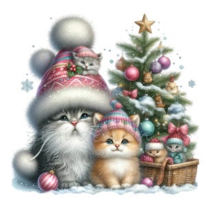 Christmas Kitten Tree Clipart 10 Cute Festive Cat Illustration in Santa ...