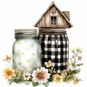 19 PNG Farmhouse Mason Jar, Watercolor Country Flowers, Rustic Cottage ...