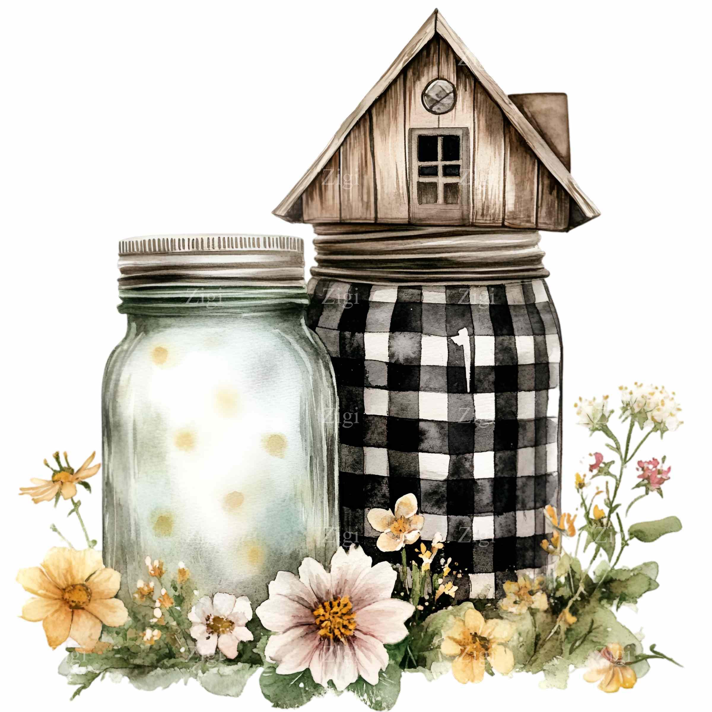 19 PNG Farmhouse Mason Jar, Watercolor Country Flowers, Rustic Cottage ...