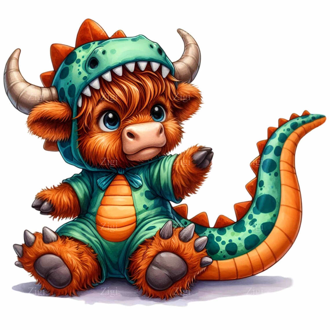 12 Highland Cow in Dino Costume PNG - Cute Fluffy Cow Digital Clipart ...