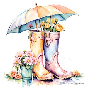 Rain Boots Clipart Bundle, 20 PNG Watercolor Umbrella Rubber Boots ...