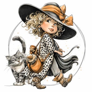 14 PNG Whimsical Witch – Halloween Girl and Cat PNG Clipart – Cute ...