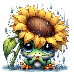 10 PNG Sunflower Frog Clipart – Rainy Day Download – Whimsical Kawaii ...