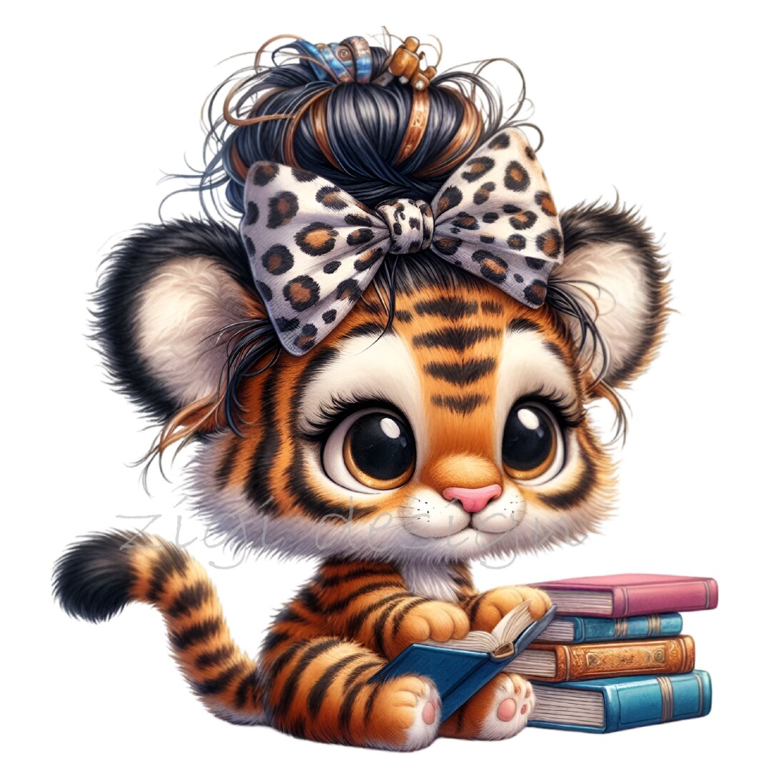 Cute Baby Tiger PNG Clipart, 10 Adorable Tiger Cub With Bow and Books ...