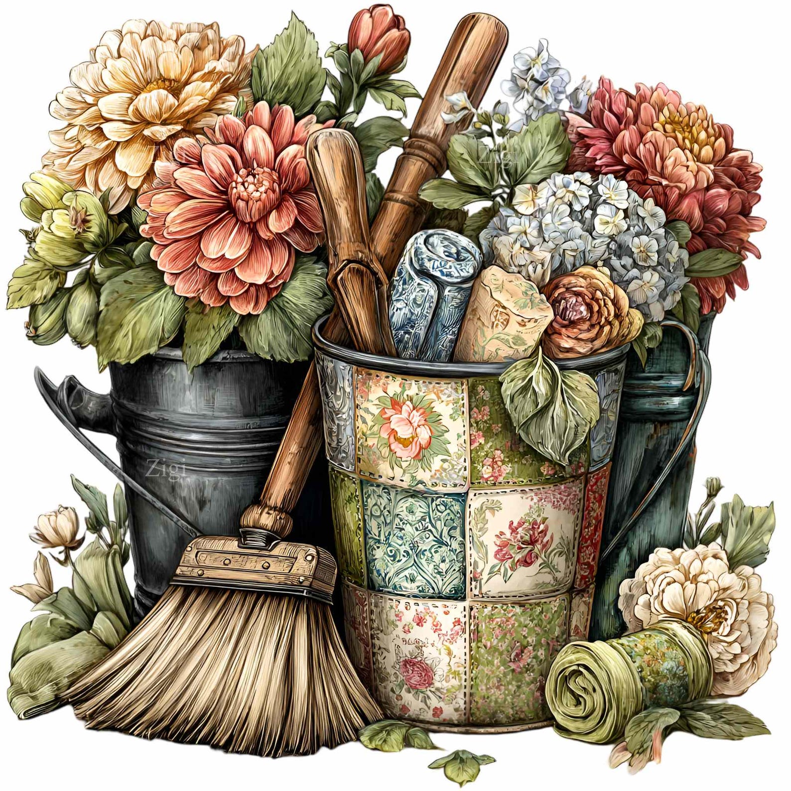 10 PNG Vintage Garden Tools PNG – Floral Bucket Clipart – Rustic Decor ...