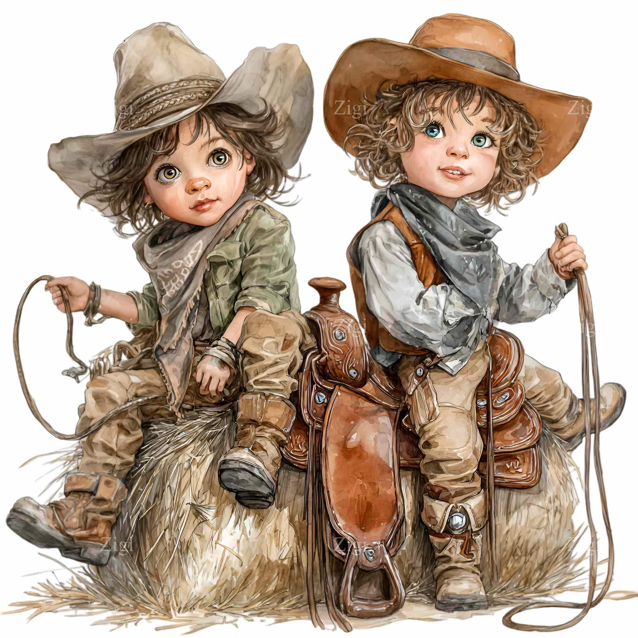 15 PNG Cowboy Kids Clipart, Western Children Illustration, Watercolor ...