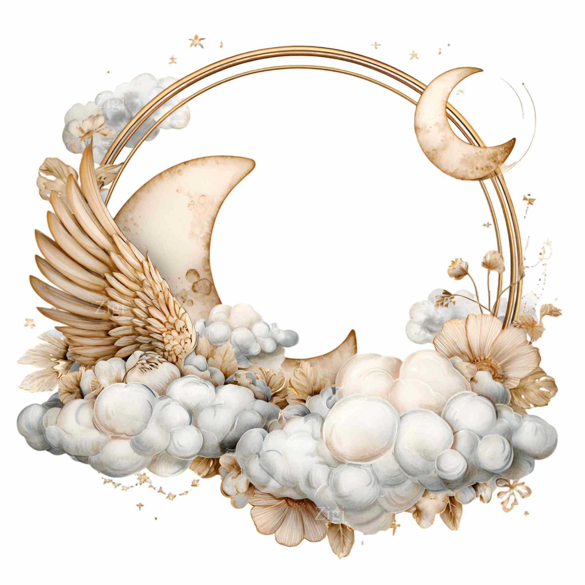 16 PNG Celestial Moon Frame PNG – Gold Clouds and Wings Clipart – Lunar ...