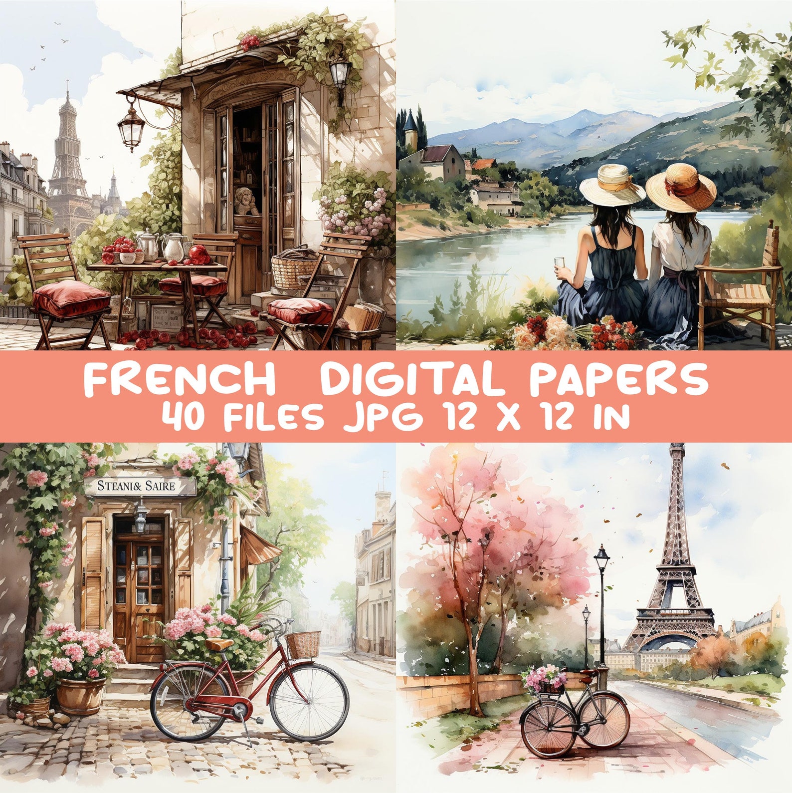 Paris Digital Papers 40 JPG Watercolor, Eiffel Tower Clipart, Parisian ...