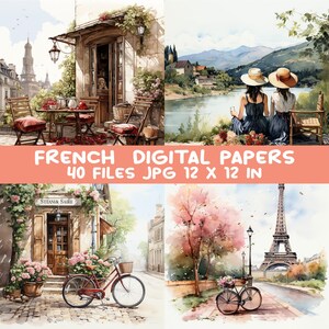 Paris Digital Papers 40 JPG Watercolor, Eiffel Tower Clipart, Parisian ...