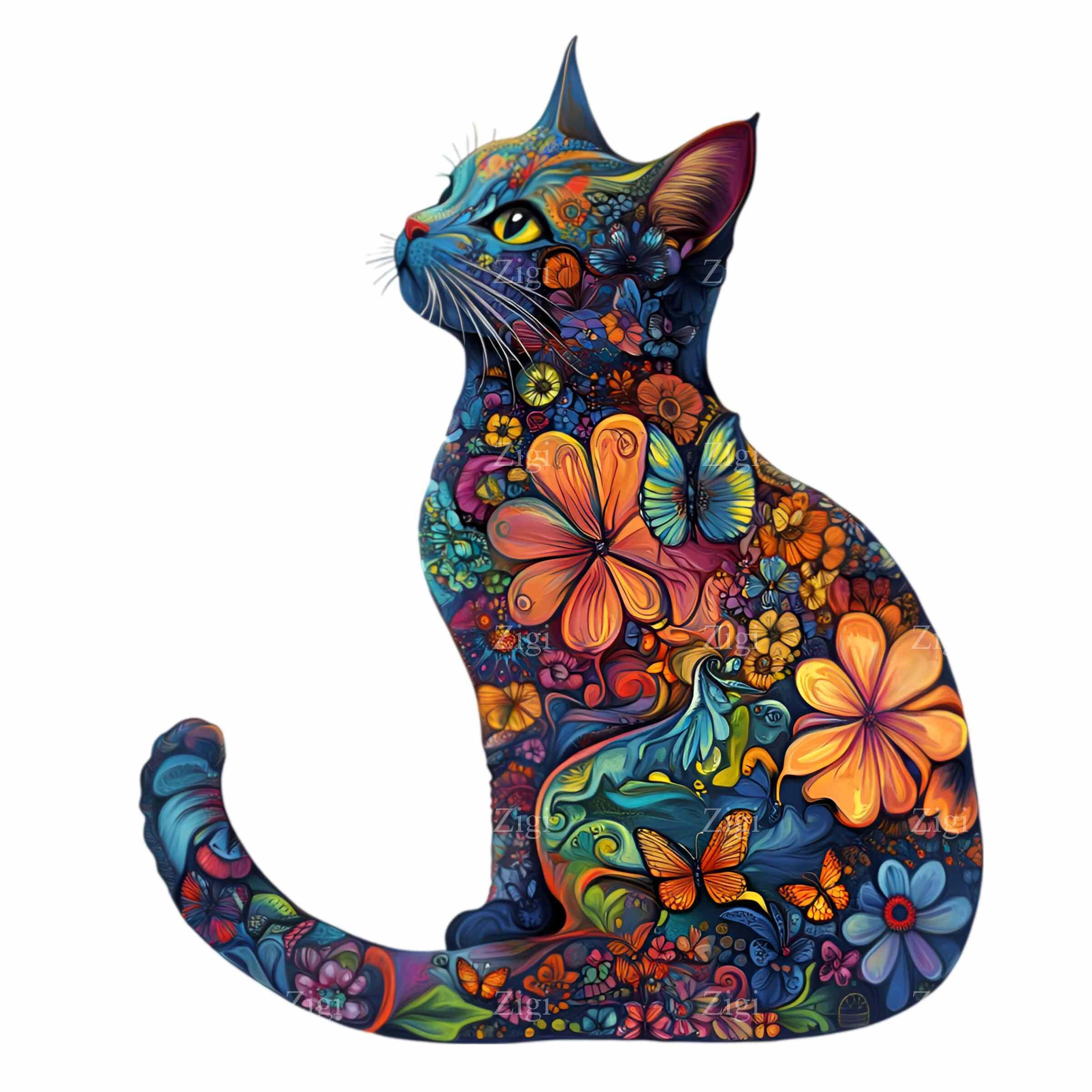 18 Colorful Cat PNG Clipart, Vibrant Floral Cat and Butterflies Digital ...