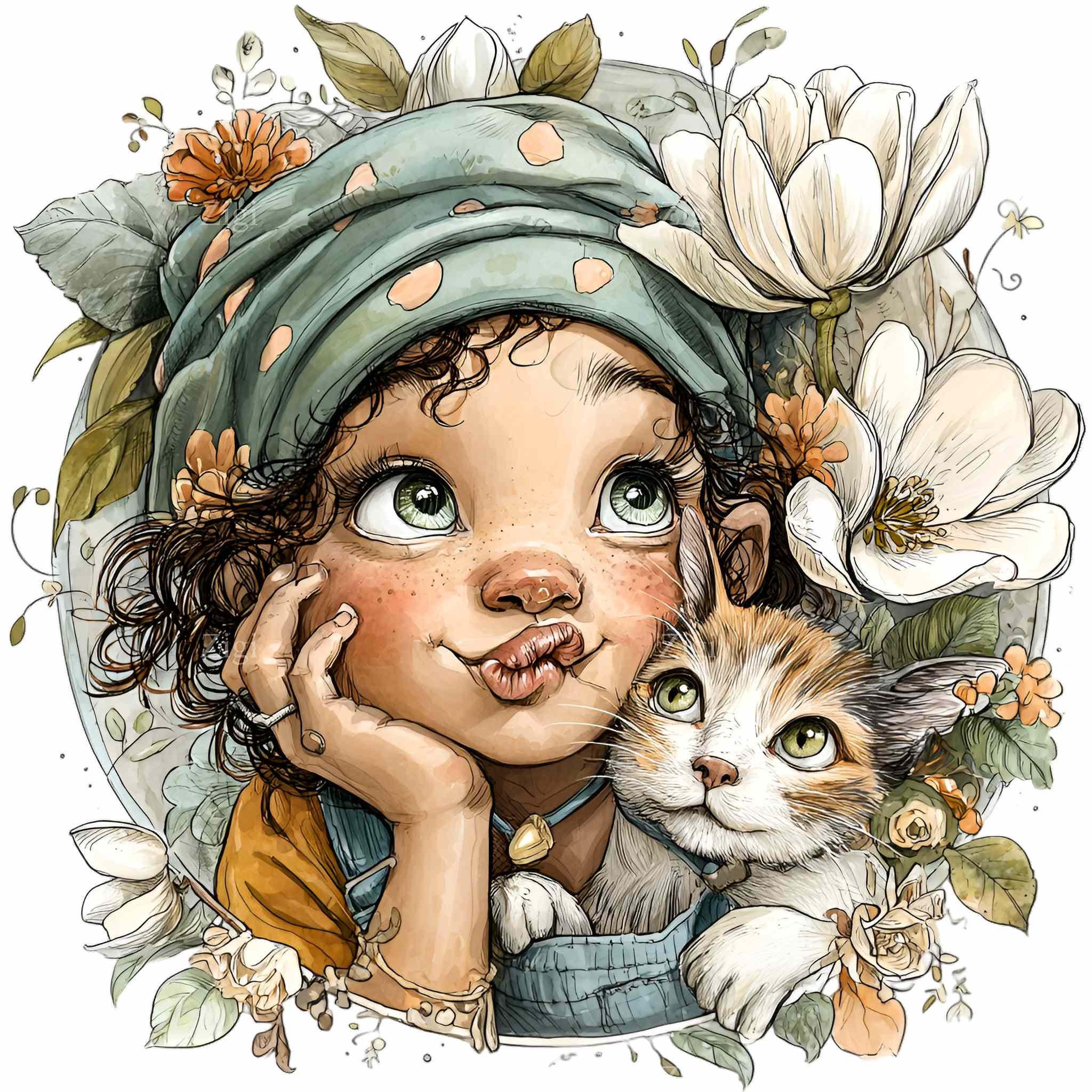 10 PNG Magnolia Girl Clipart – Red Hair PNG With Cat and Flowers ...