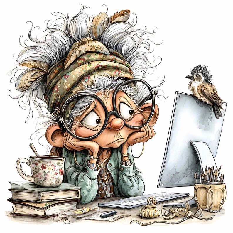 21 JPEG Funny Grandma – Computer Desk JPG Clipart – Whimsical Office ...