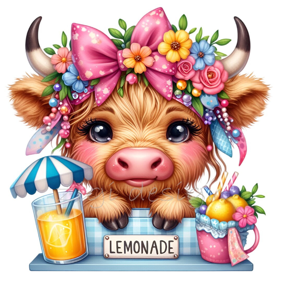 12 Highland Cow Lemonade Stand PNG - Cute Cow With Floral Bow - Summer ...