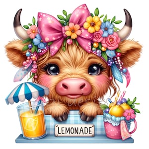 12 Highland Cow Lemonade Stand PNG - Cute Cow With Floral Bow - Summer ...