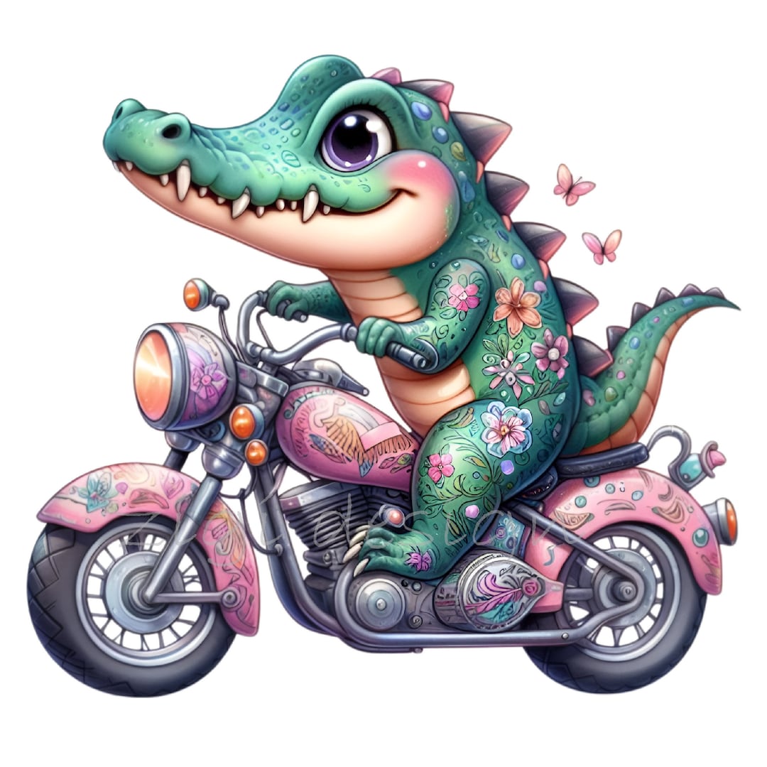 10 Cute Crocodile PNG Clipart, Cartoon Alligator on Floral Motorcycle ...