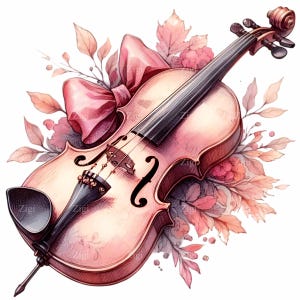Vintage Violin Clipart PNG 12 Elegant Violin With Pink Bow and Floral ...