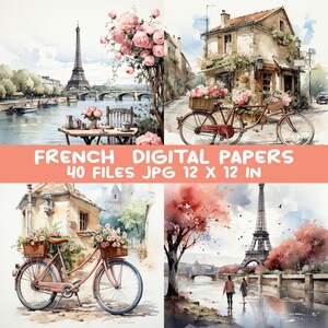 Paris Digital Papers 40 JPG Watercolor, Eiffel Tower Clipart, Parisian ...