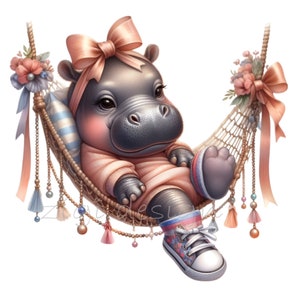 Adorable Baby Hippo Clipart 15 PNG, Cute Hippo in Hammock Illustration ...