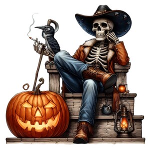 Cowboy Skeleton With Jack-o'lanterns Clipart Spooky Halloween Scene on ...
