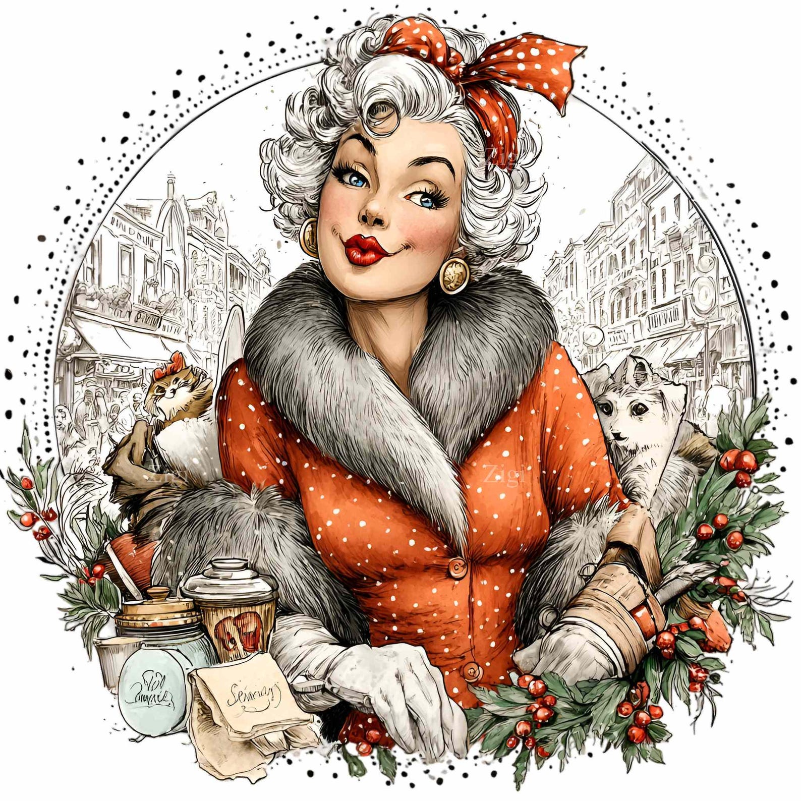 10 PNG Retro Christmas Lady Clipart – Holiday Woman PNG – Vintage ...