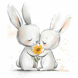 24 JPEG Bunny Pair JPG Clipart, Two Rabbits With Pink Flower ...