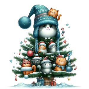 Christmas Kitten Tree Clipart 10 Cute Festive Cat Illustration in Santa ...