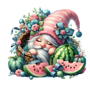 Watermelon Gnome Clipart Cute Summer Illustration 10 PNG Sleepy Gnome ...
