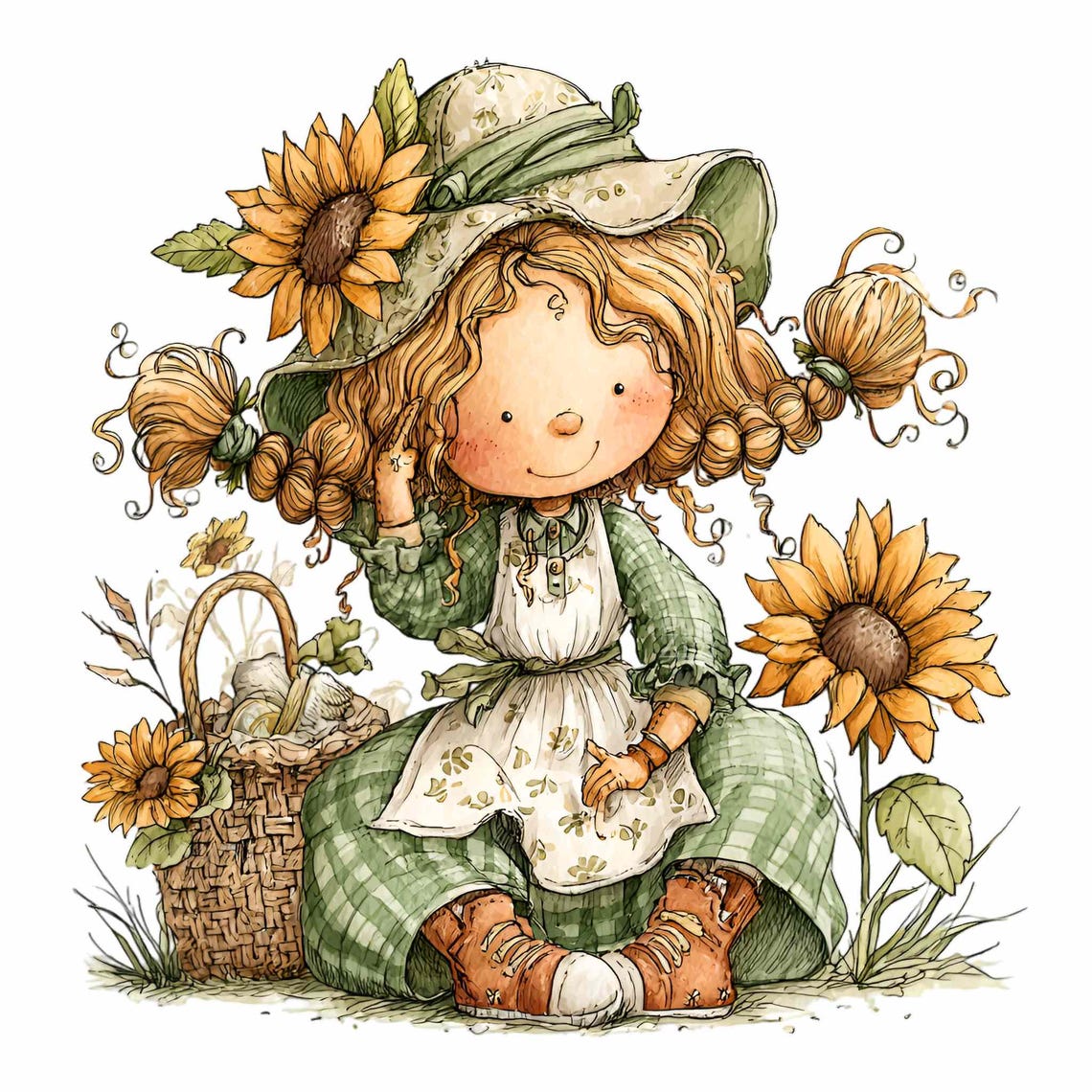 14 PNG Sunflower Girl Clipart, Garden Kid Sublimation Design Retro ...